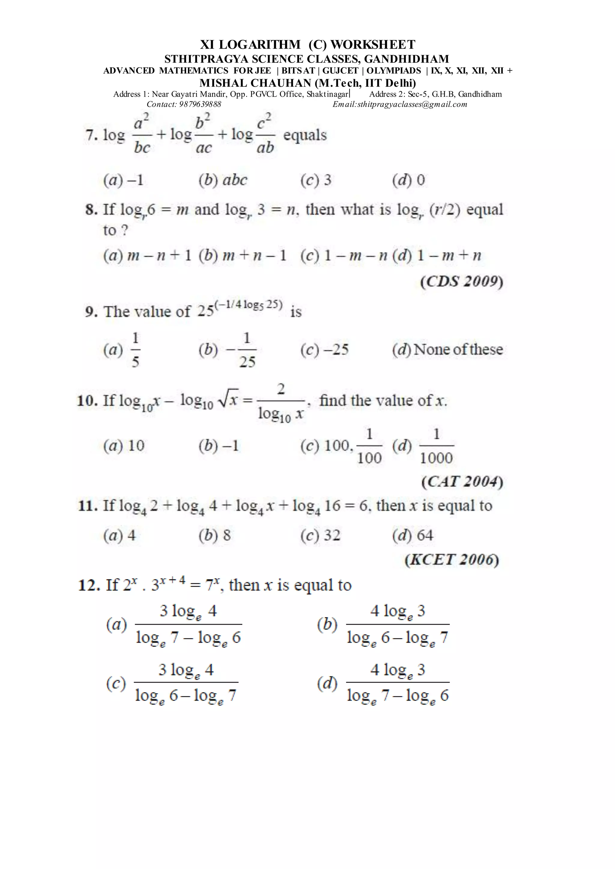 Class Xi Logarithm C Worksheet Pdf 