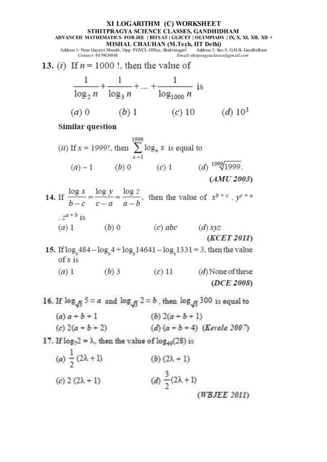 Class xi logarithm (c) worksheet | DOCX