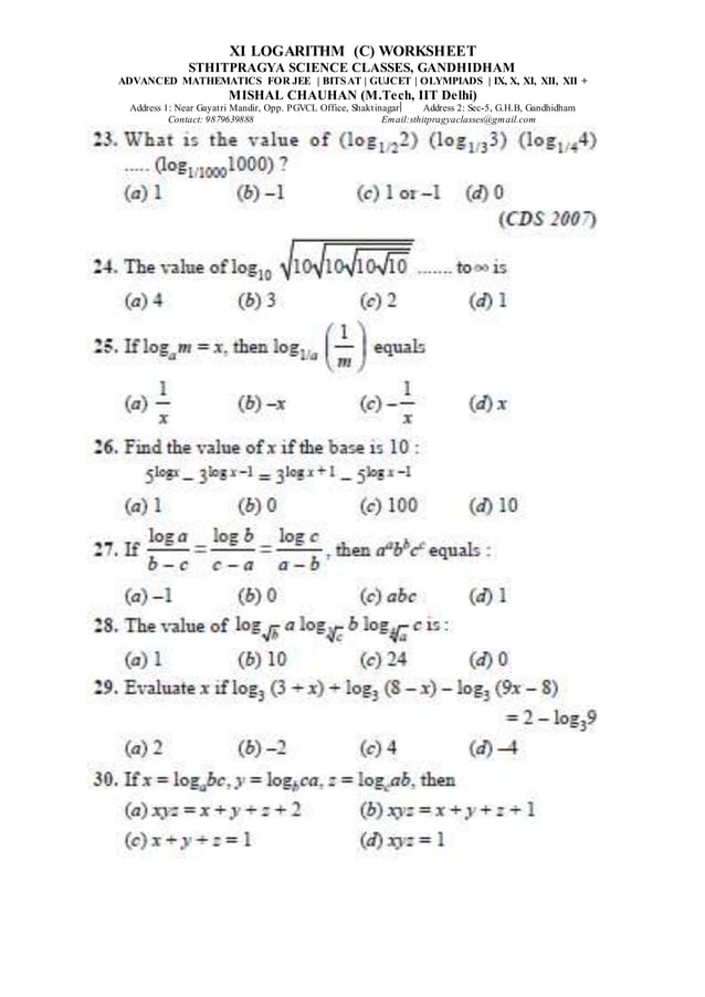 Class xi logarithm (c) worksheet | DOCX