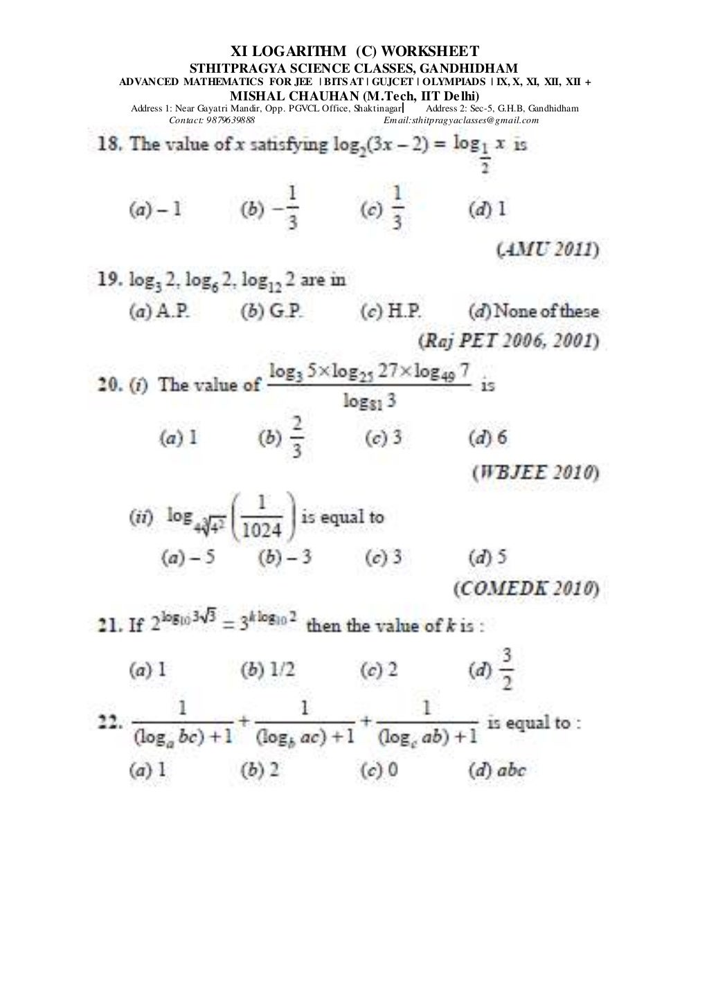 Class xi logarithm (c) worksheet