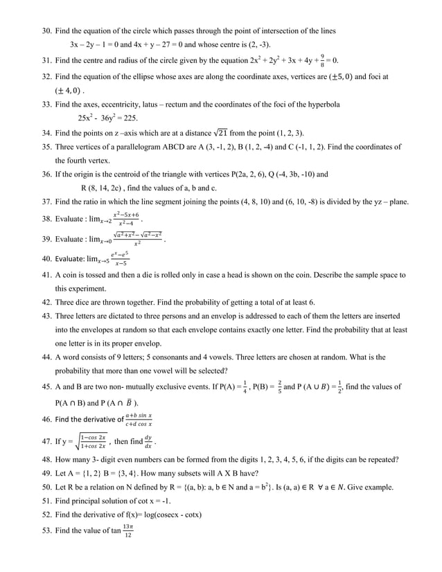 Class xi mathematics short questions | PDF | Physics | Science