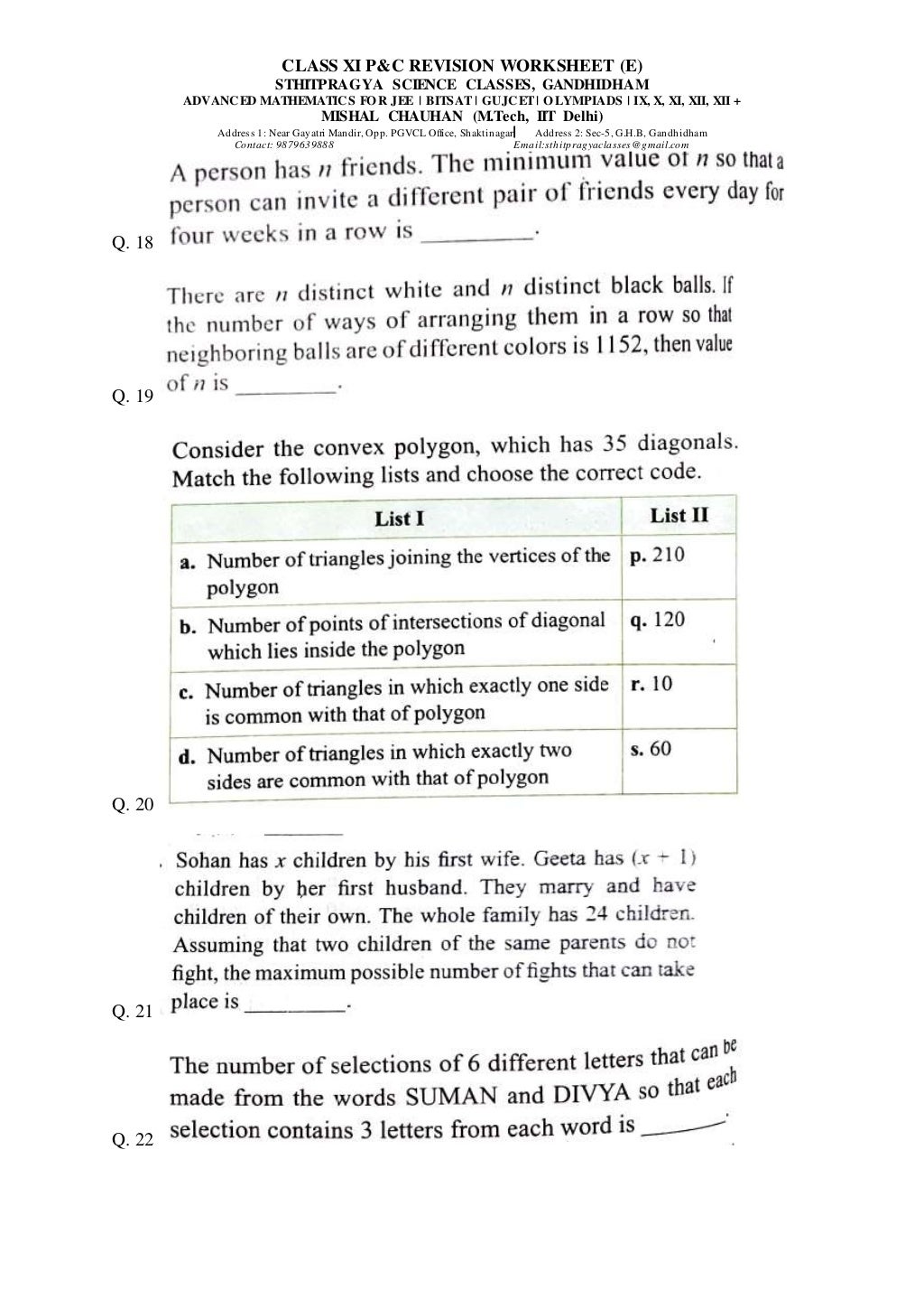 Class Xi Pandc Worksheet 2 E 