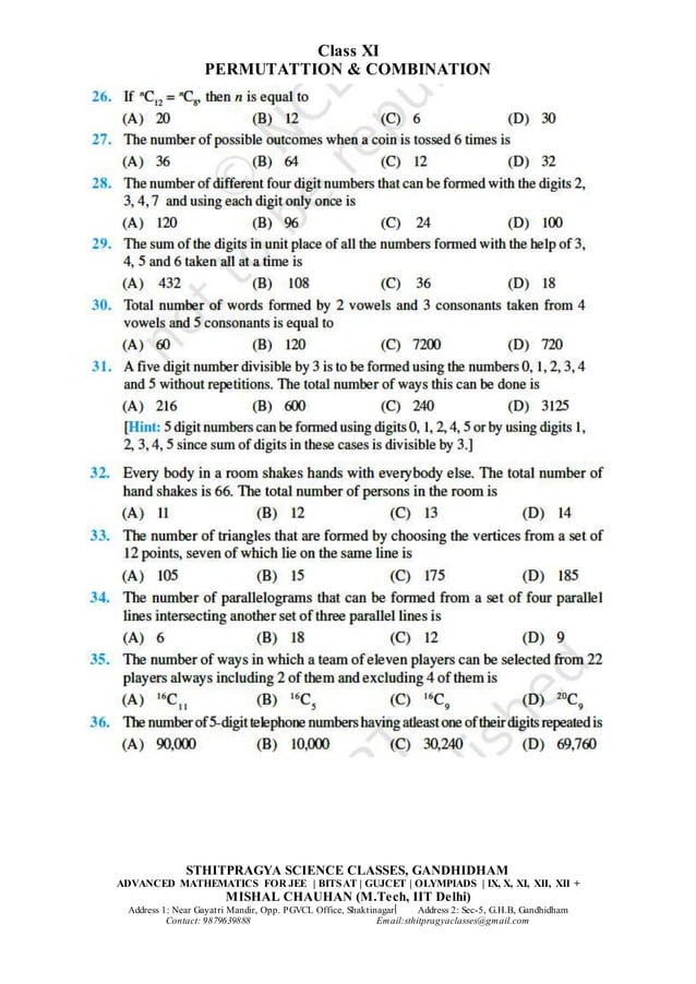 Class xi permutation & combination worksheet | PDF