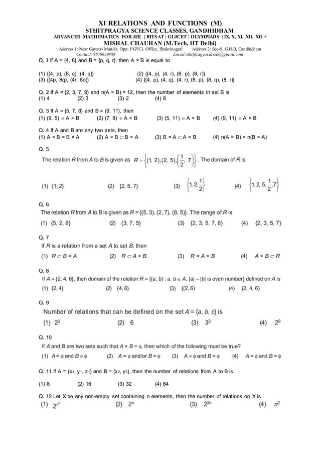CLASS XI RELATION & FUNCTION M WORKSHEET | DOCX