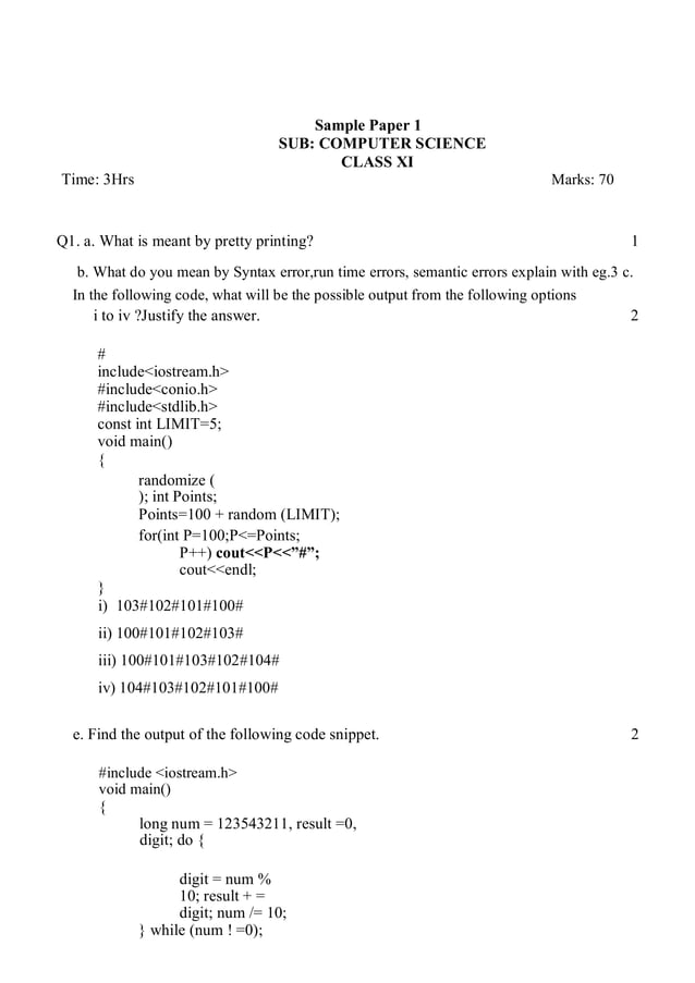 Class xi sample paper (Computer Science) | PDF