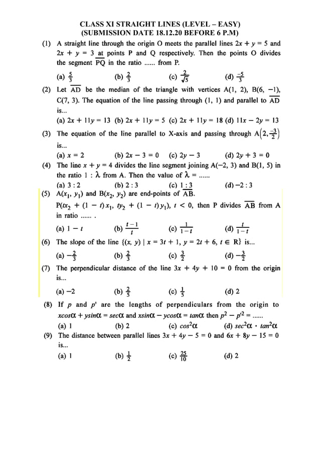 CLASS XI STRAIGHT LINES WORKSHEET | PDF
