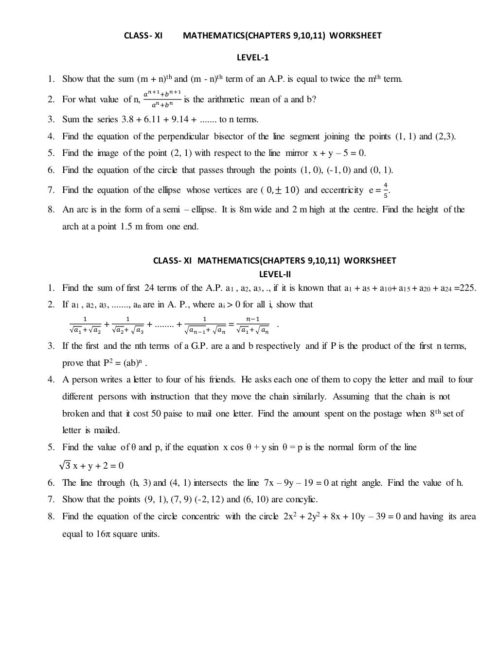 Class Xi Worksheet 91011 Two Levels