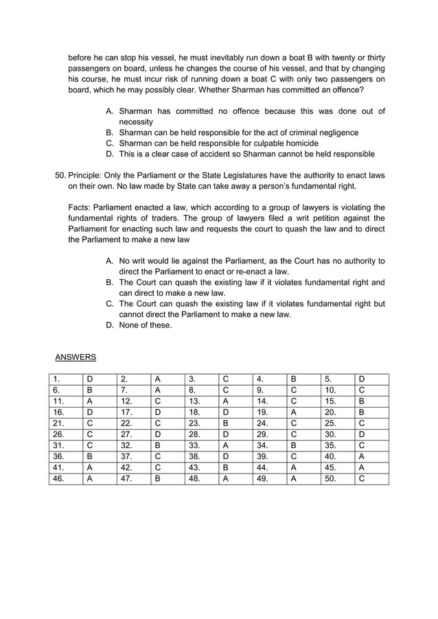 Clat legal aptitude questions with answers | PDF | Motor Insurance ...
