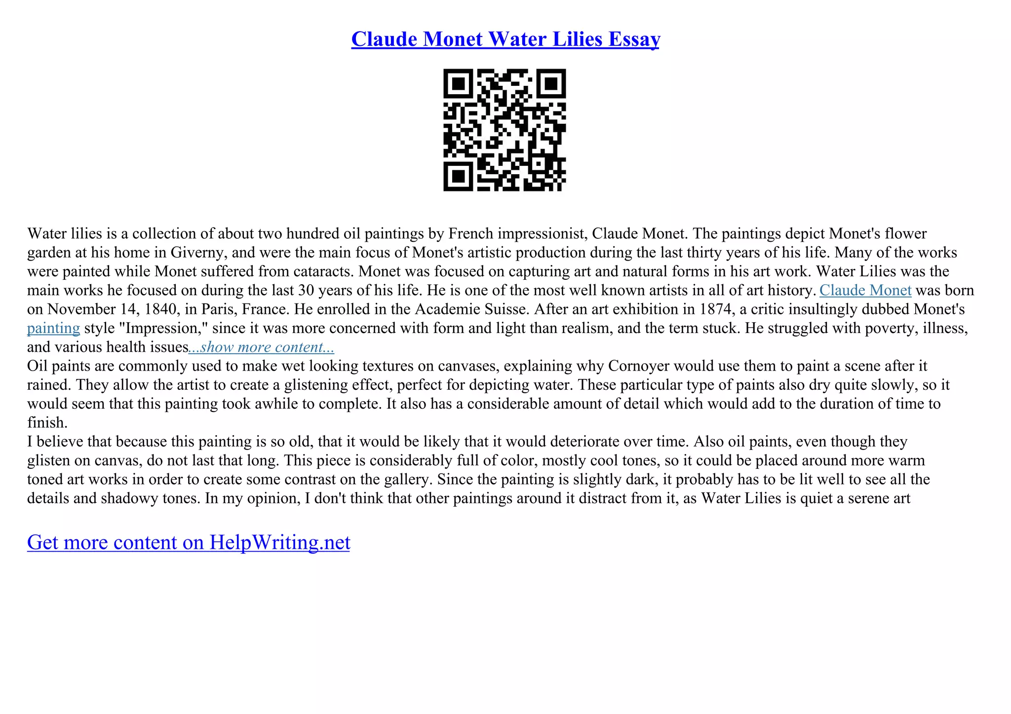 Claude Monet Water Lilies Essay | PDF