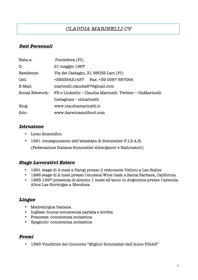 Claudia Marinelli CV | PDF | Food & Drink