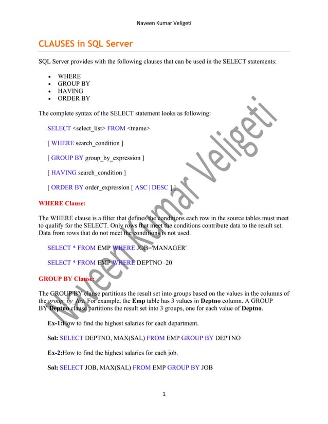 Clauses in sql server | PDF