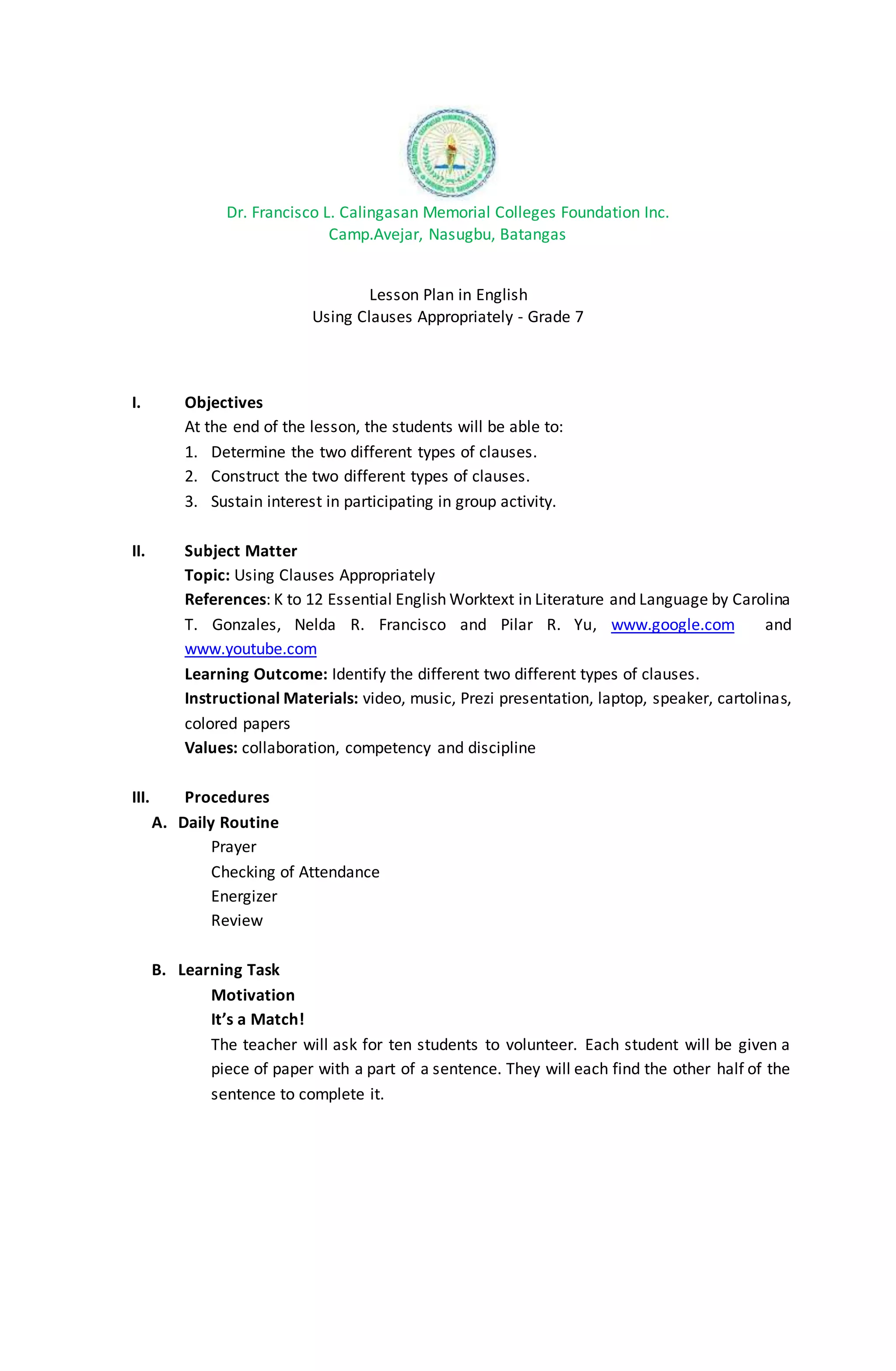 Semi Detailed lesson plan in ENGLISH: Clauses | DOCX