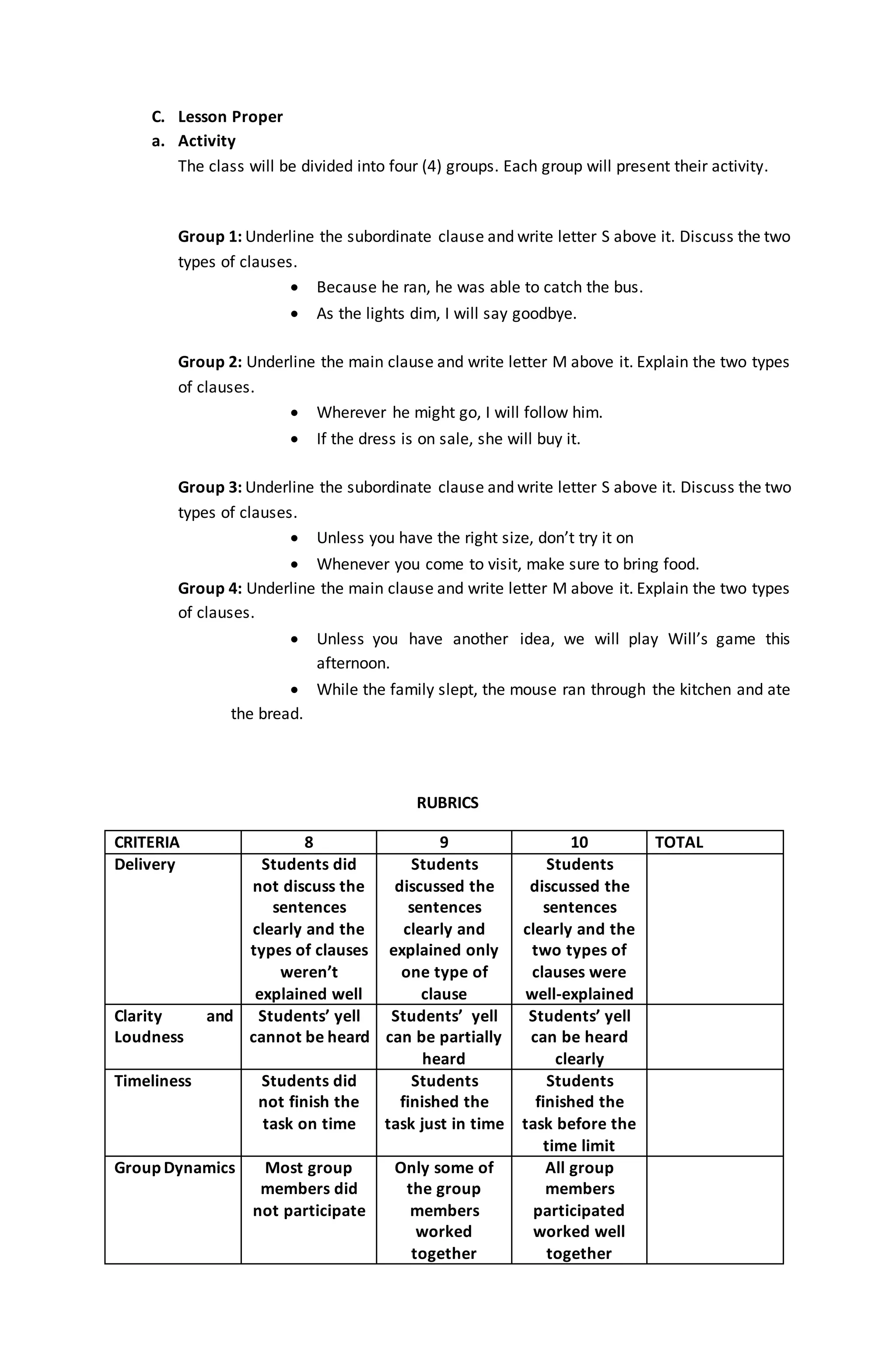 Semi Detailed lesson plan in ENGLISH: Clauses | DOCX