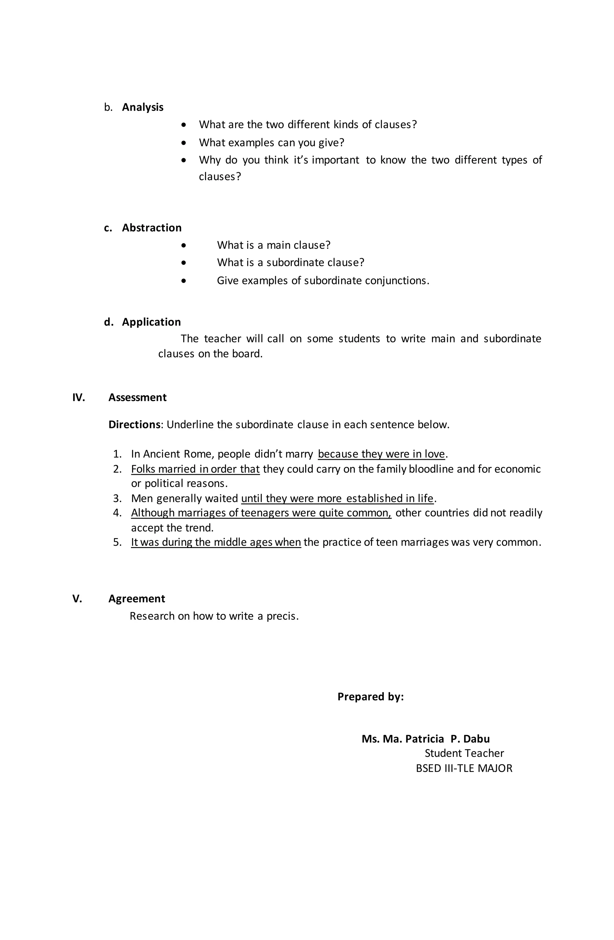 Semi Detailed lesson plan in ENGLISH: Clauses | DOCX