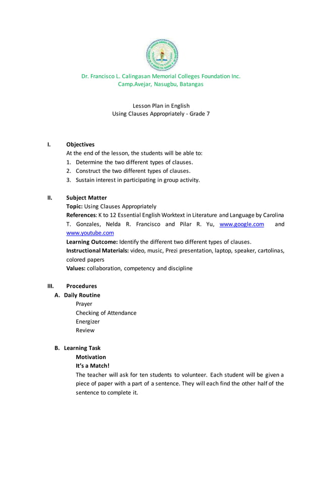 Semi Detailed lesson plan in ENGLISH: Clauses | DOCX