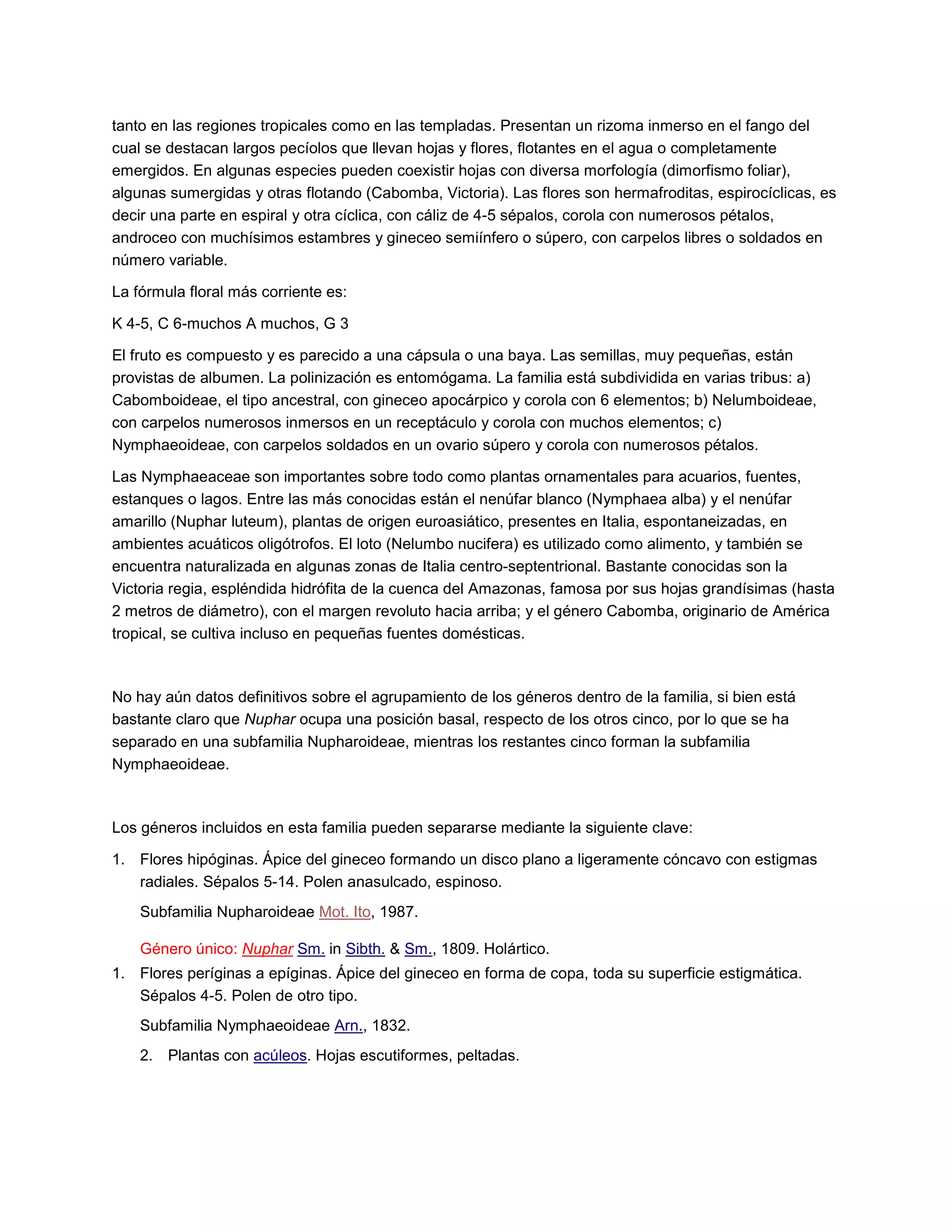 Clave de clasificación para la familia nymphaeaceae | PDF
