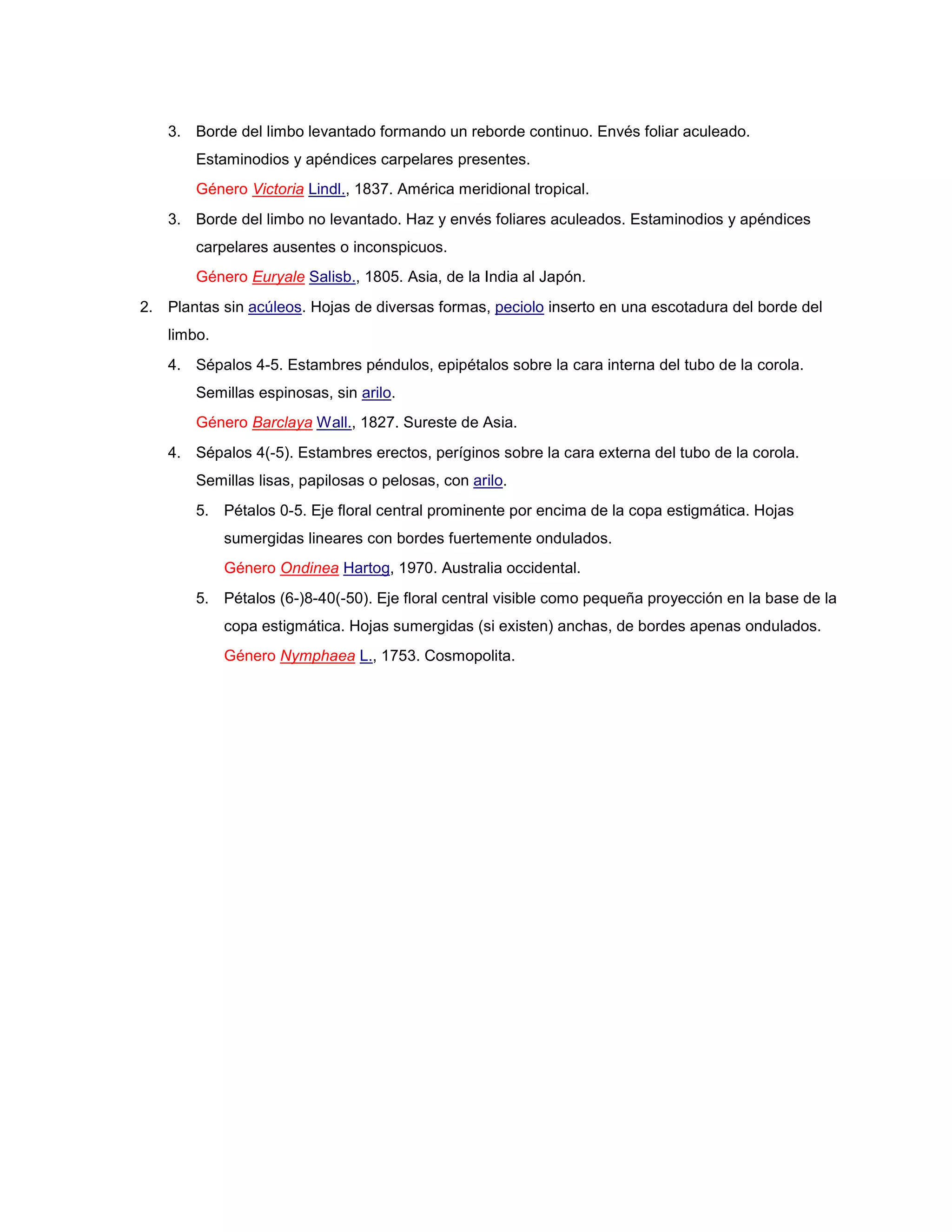 Clave de clasificación para la familia nymphaeaceae | PDF