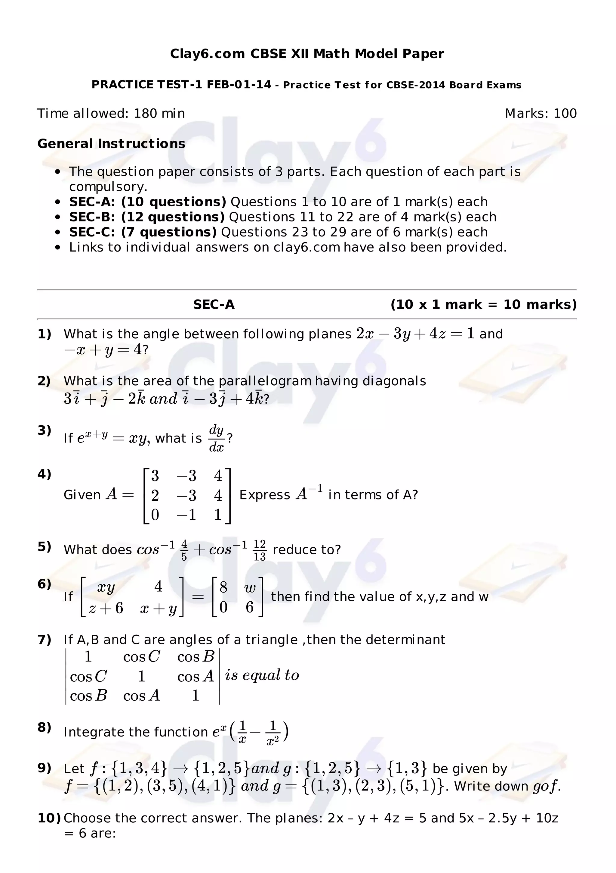 cbse class 12 math question paper | PDF