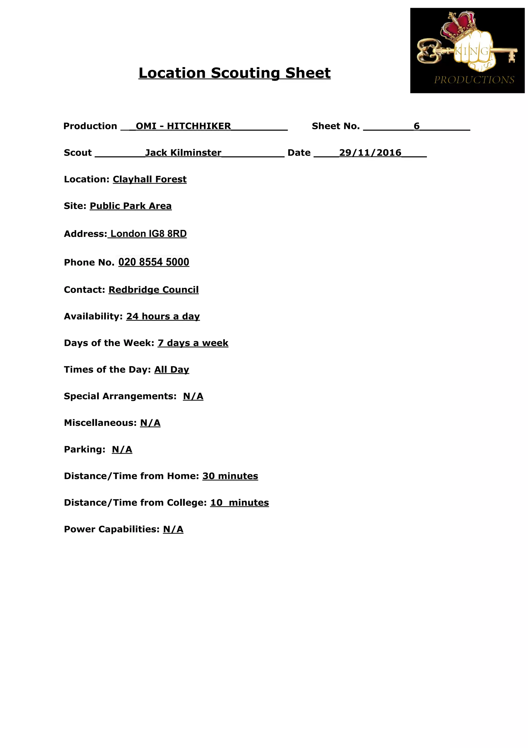 Location Scout Form: Claybury forest (1) | PDF