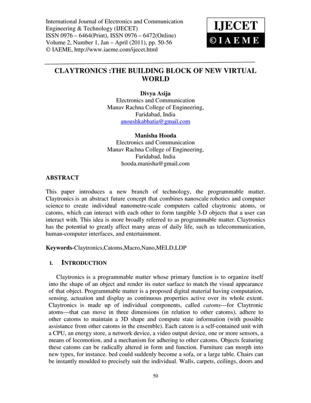 Claytronics the building block of new virtual world | PDF