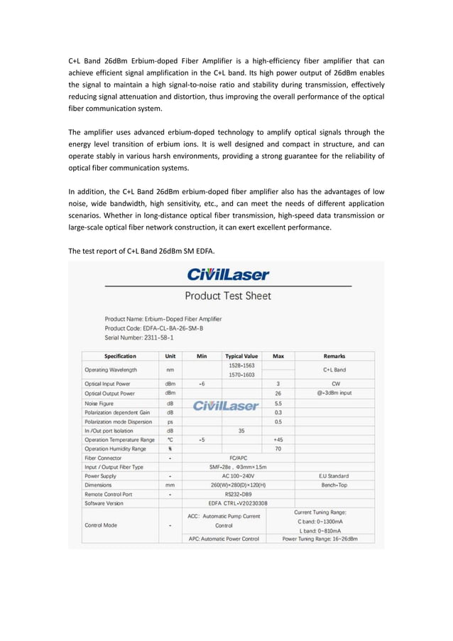 C+L Band 26dBm 400mW Erbium-doped Fiber Amplifier | PDF