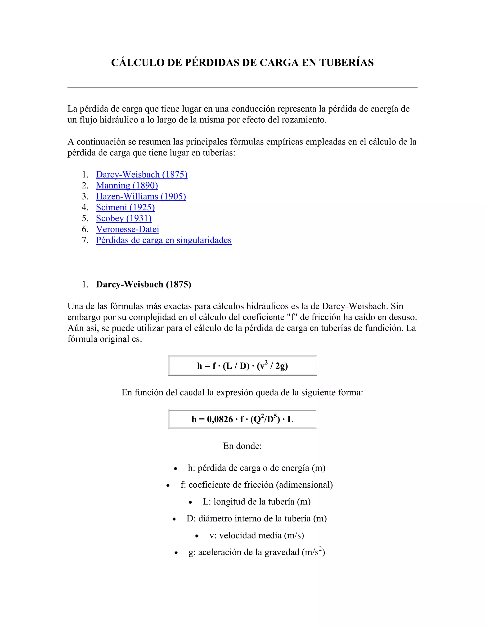 Cálculo de pérdidas de carga en tuberías | DOCX