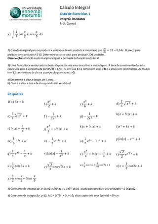 Cálculo integral lista 1 - primitivas imediatas (1) | PDF