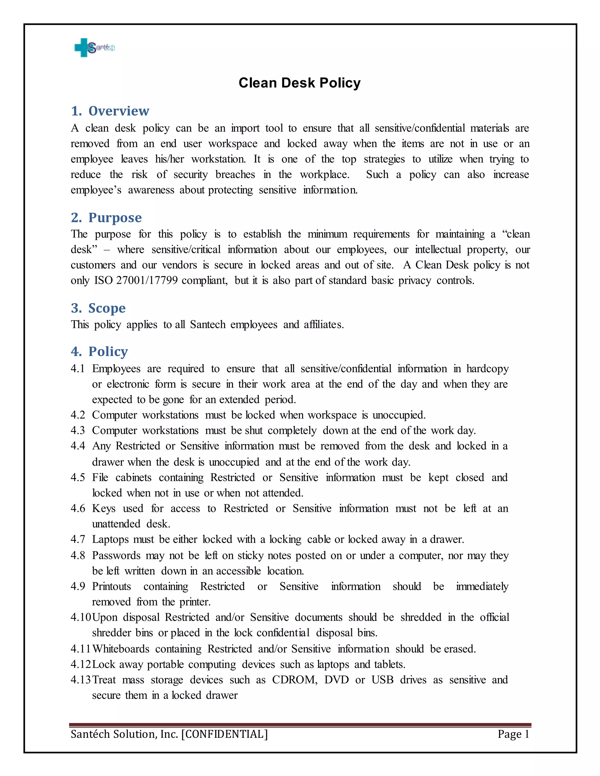 Clean desk policy Document | DOCX