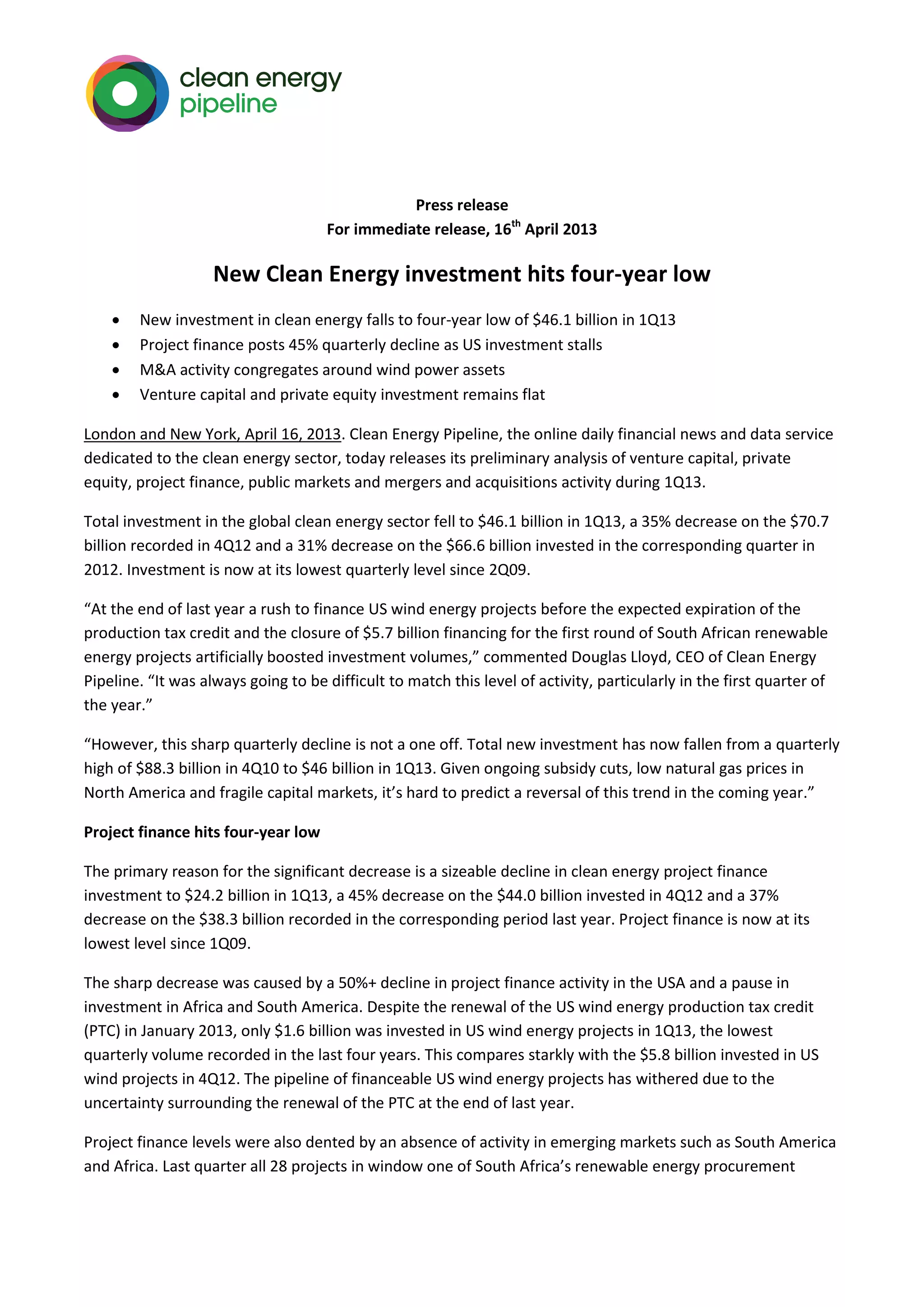 Clean energy pipeline 1 q13 press release | PDF