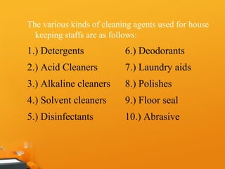 Cleaning Agents - Housekeeping (Llawlietwife) | PPT