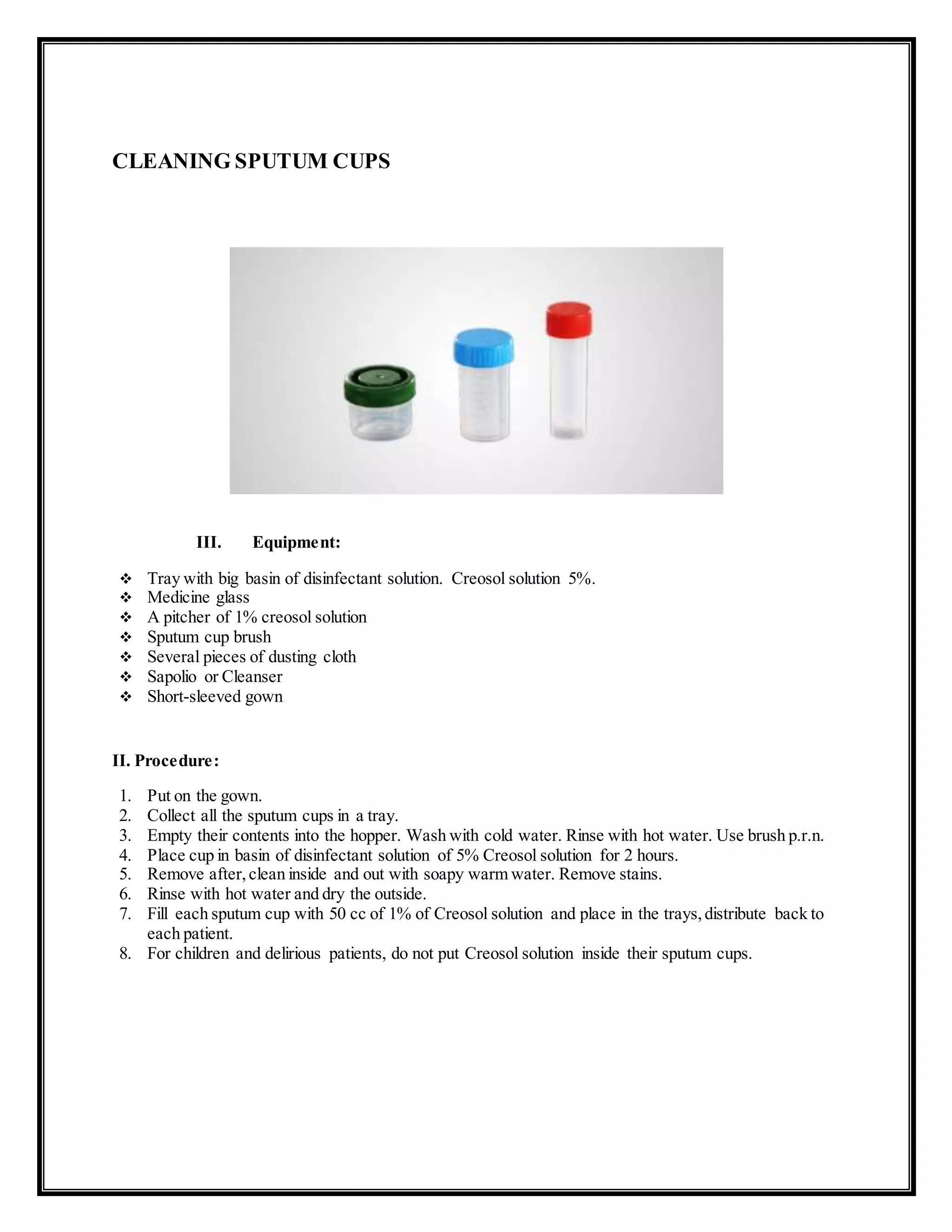 Cleaning bedpans and urinals ,sputum cup disinfect methods | DOCX