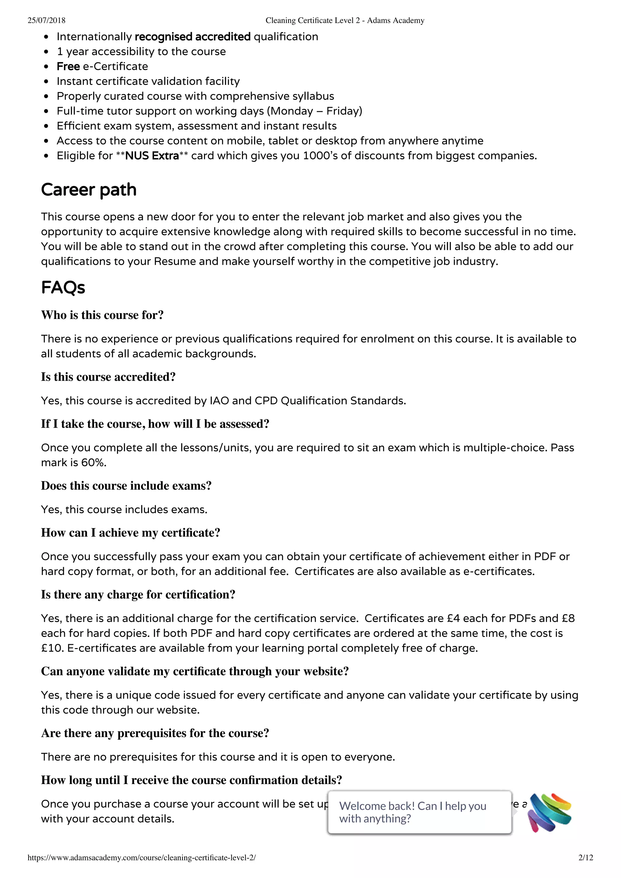 Cleaning Certificate Level 2 - Adams Academy | PDF
