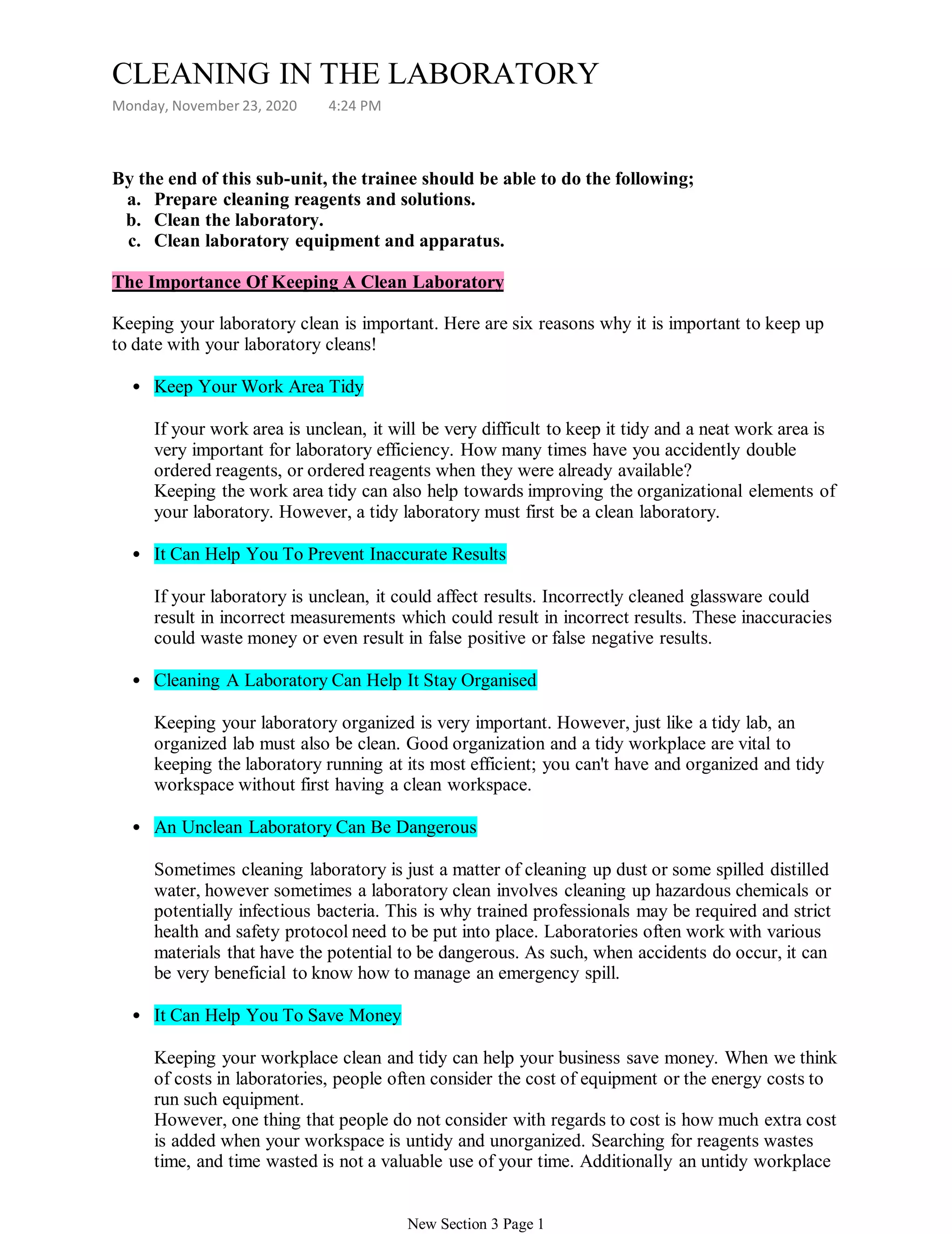 Cleaning The Lab | PDF