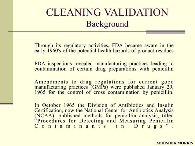 Cleaning Validation By Abhishek Morris 2024 | PPT