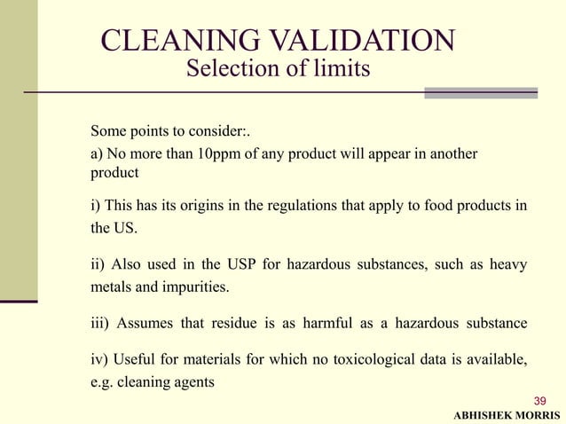 Cleaning Validation By Abhishek Morris 2024 | PPT