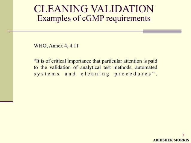 Cleaning Validation By Abhishek Morris 2024 | PPT