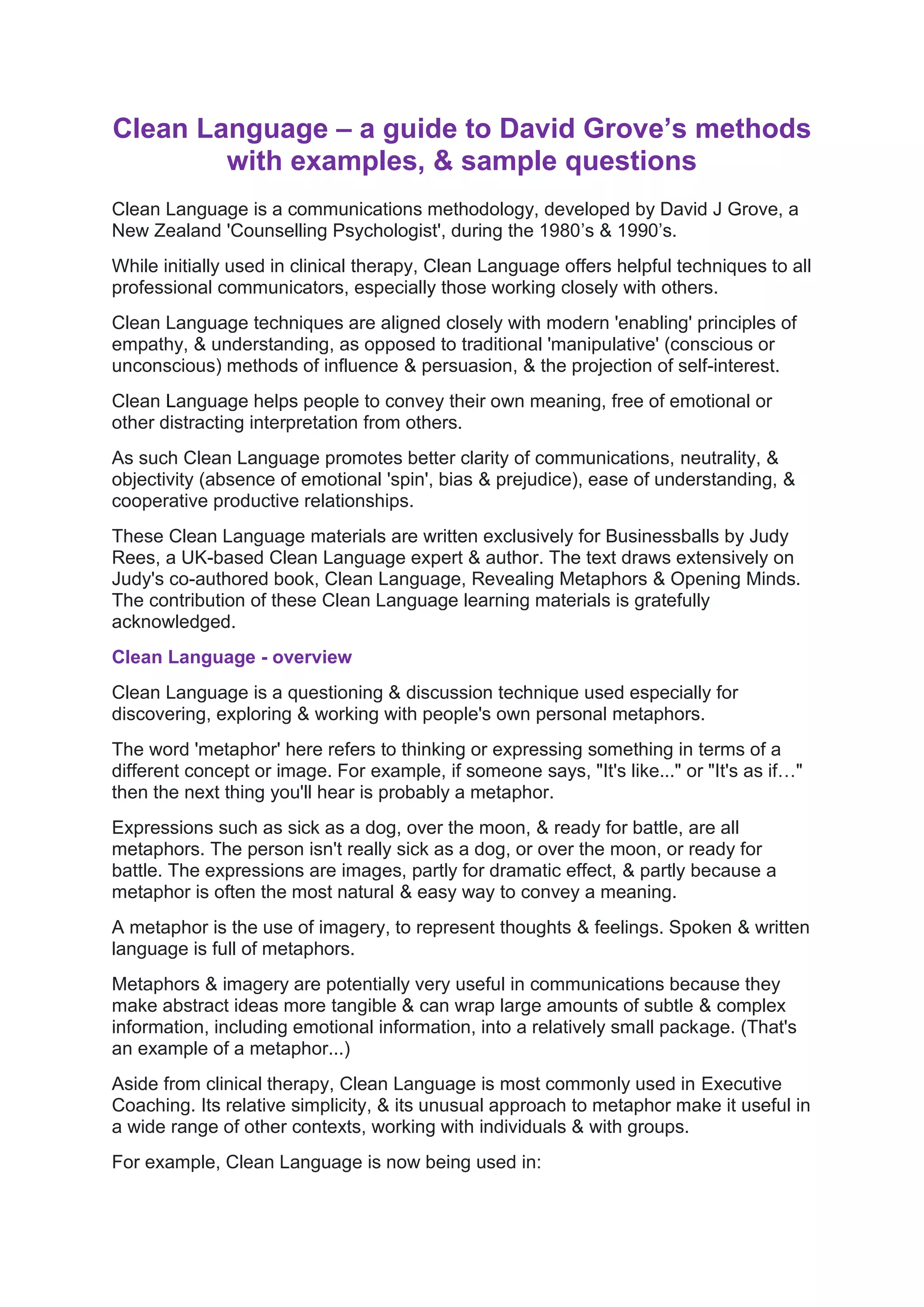 Clean Language - a free guide to transforming conversations | PDF