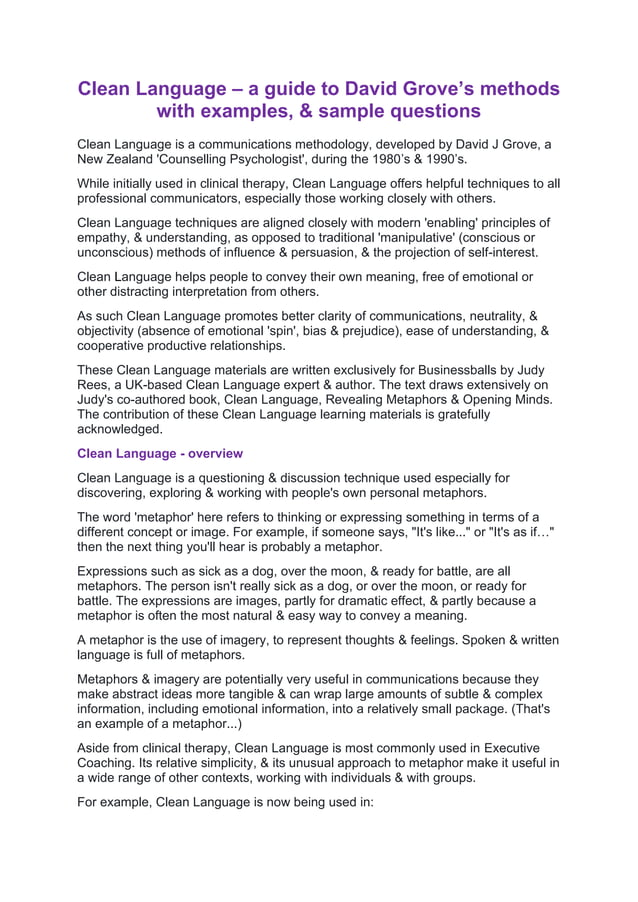 Clean Language - a free guide to transforming conversations | PDF ...