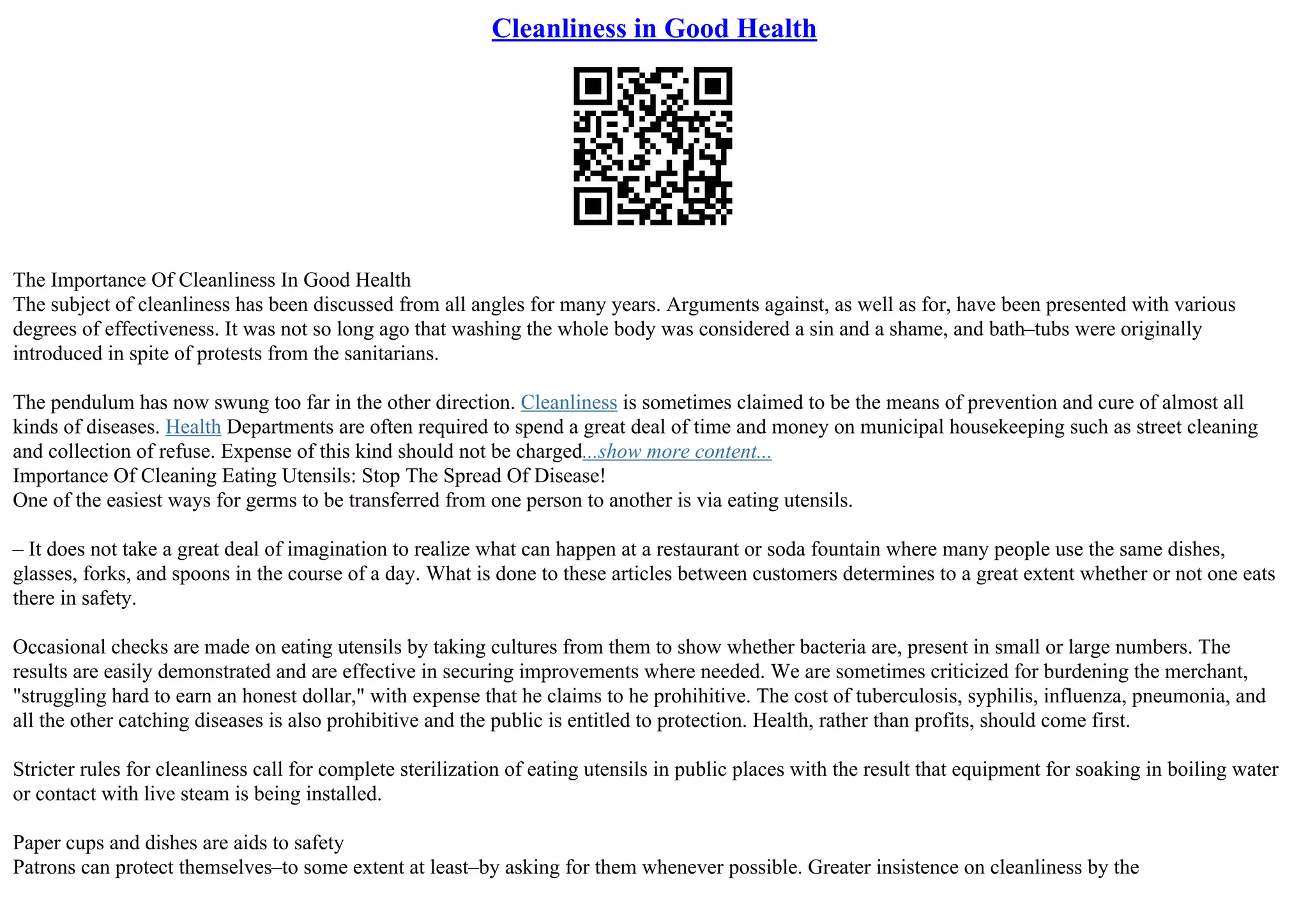 Cleanliness In Good Health | PDF