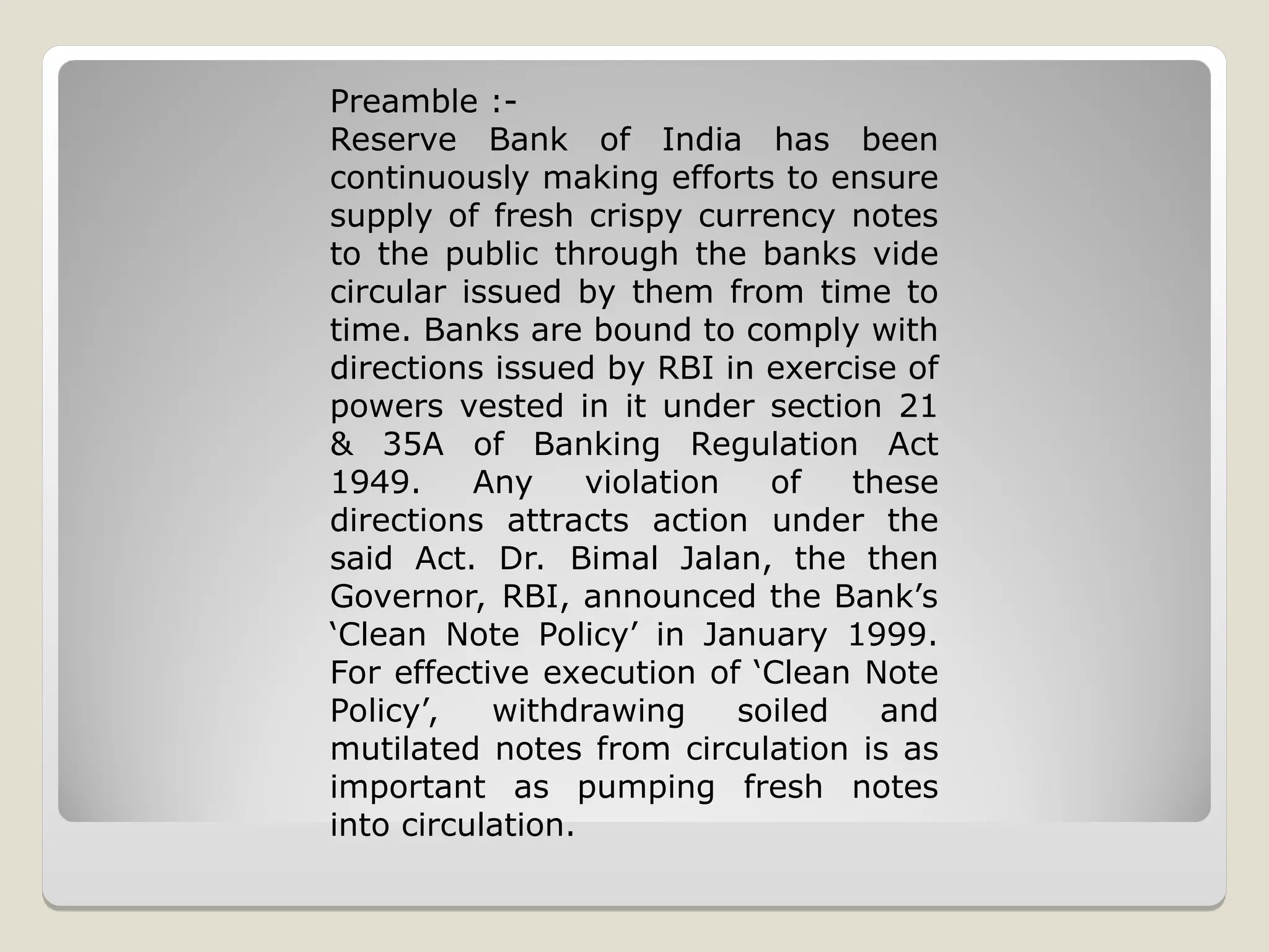 Clean Note Policy PPT for the bankers to follow | PPT