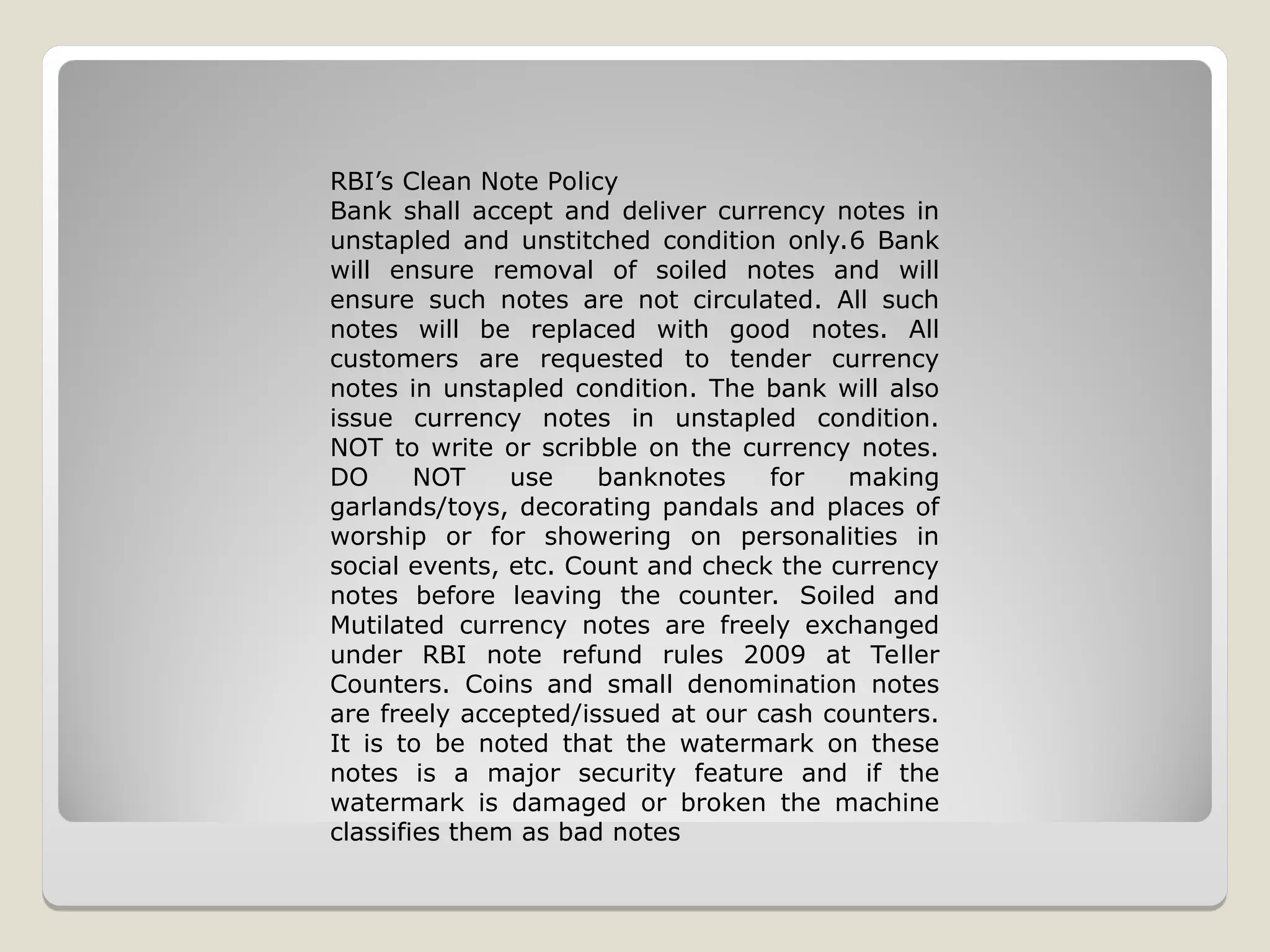 Clean Note Policy PPT for the bankers to follow | PPT
