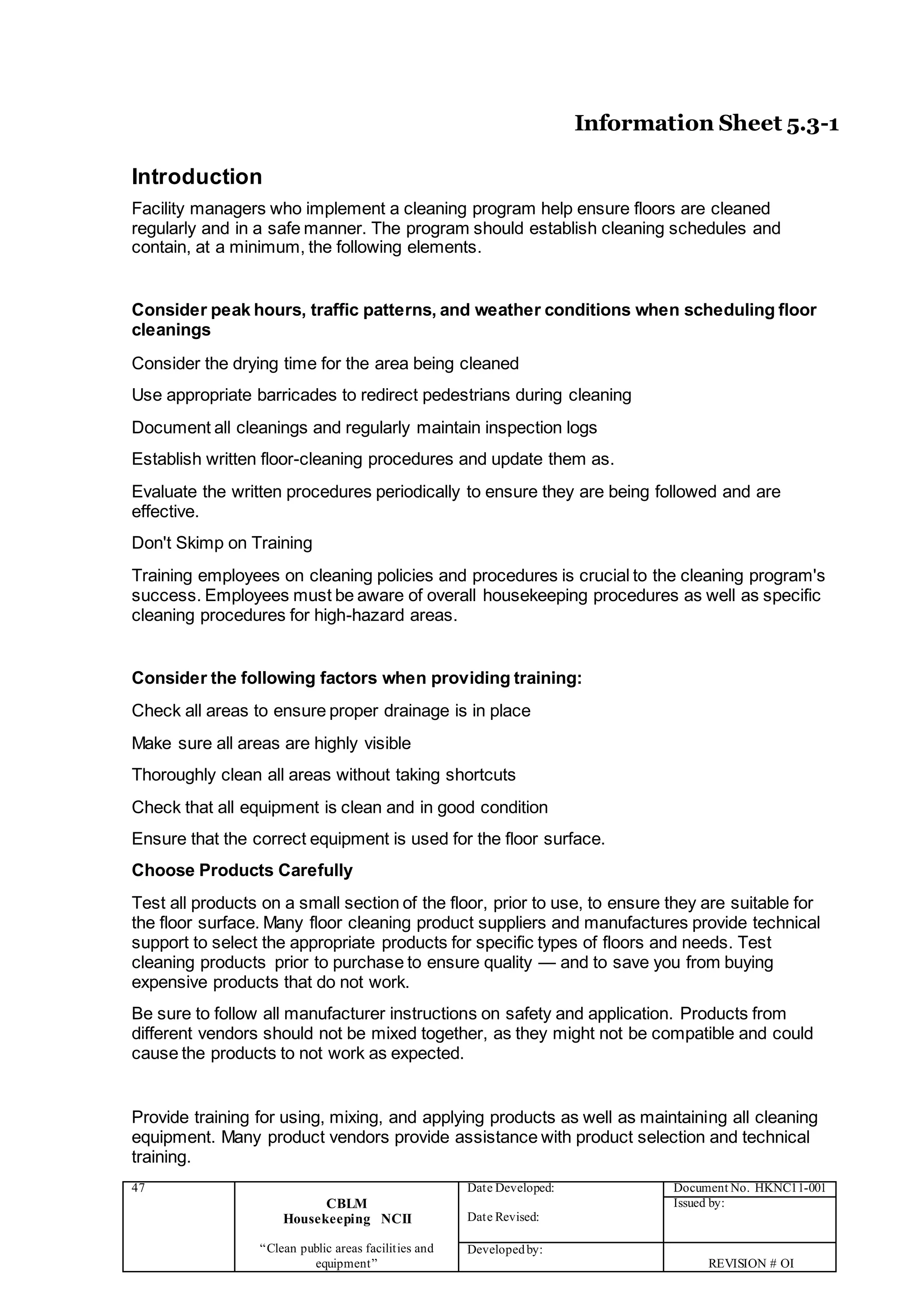 Clean public areas, facilities & equipment | DOCX