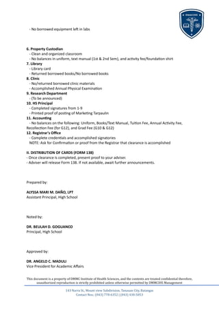 CLEARANCE AND CARD DISTRIBUTION Policies | PDF