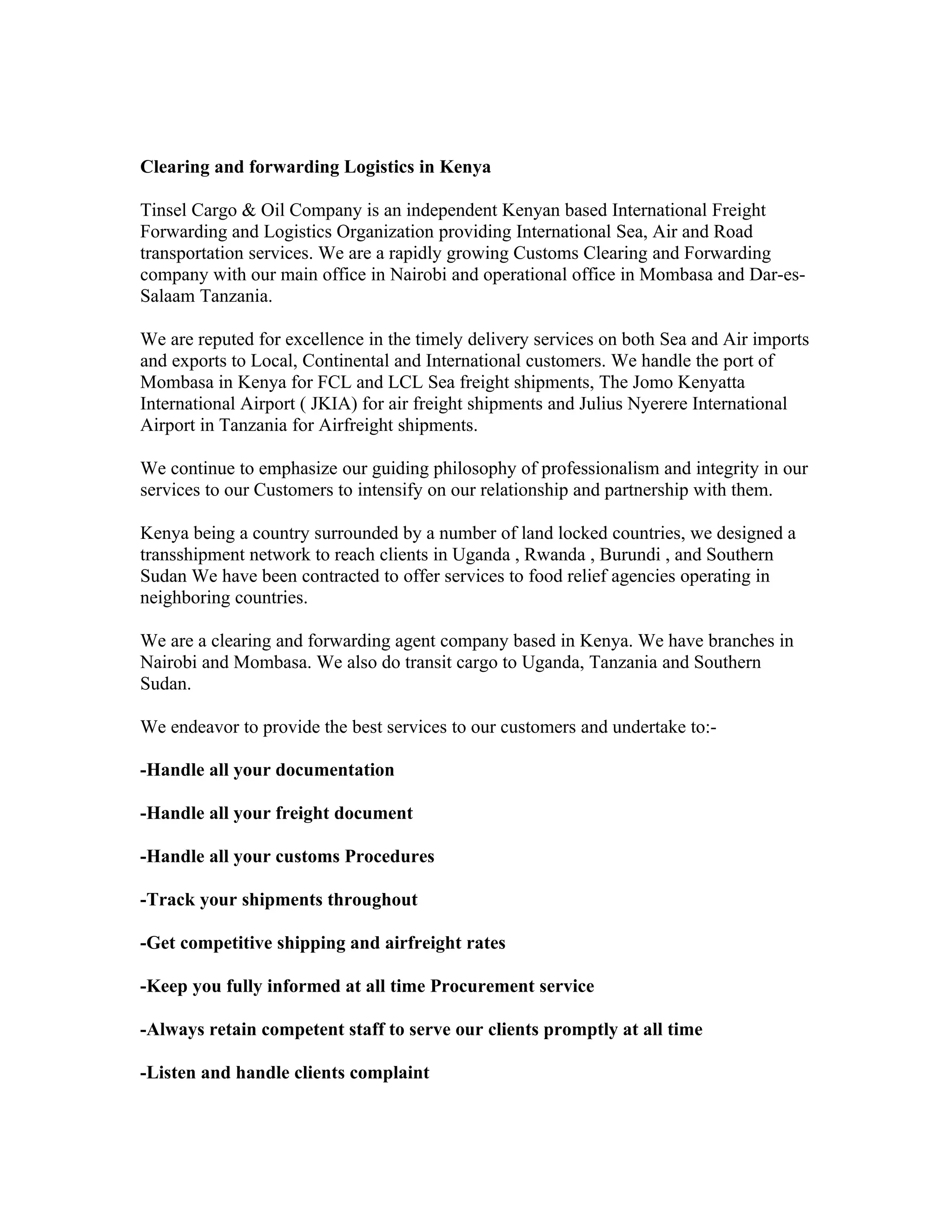 Clearing and forwarding logistics in kenya | DOC