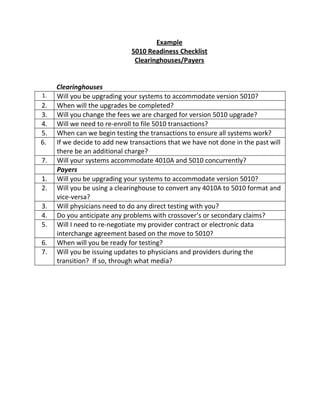Clearinghouse payer 5010 checklist | DOC