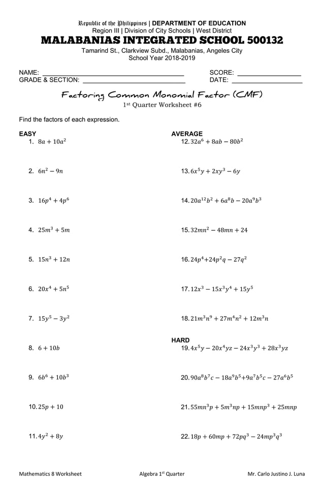 Factoring the Common Monomial Factor Worksheet | PDF