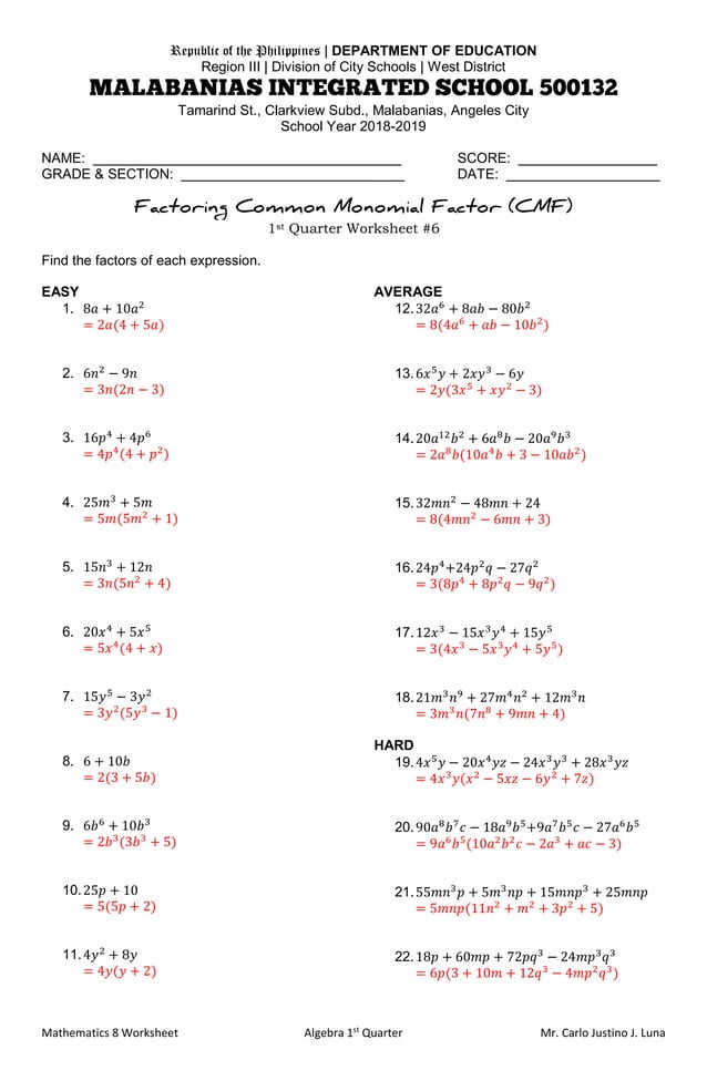 Factoring the Common Monomial Factor Worksheet | PDF