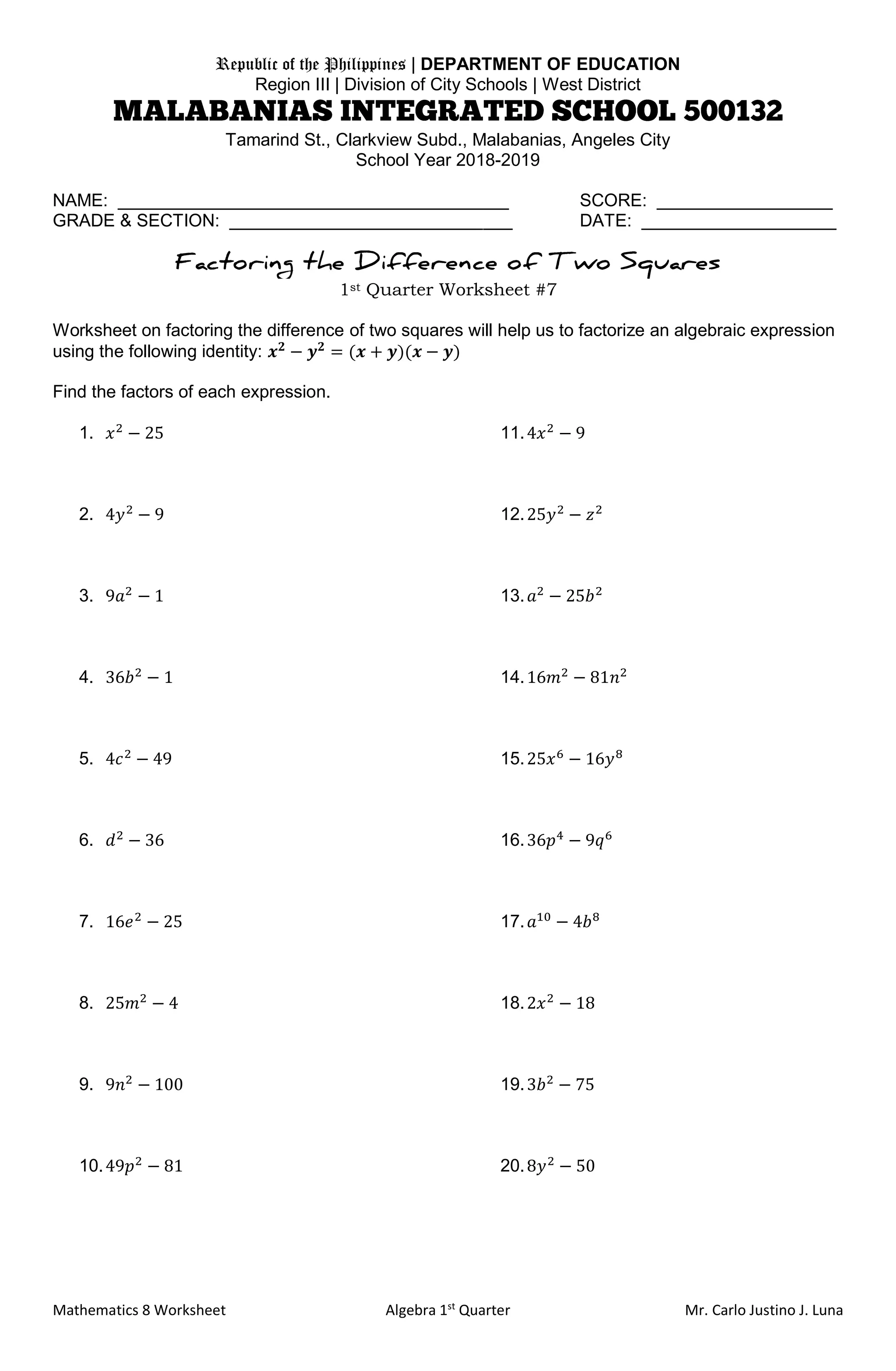 Factoring the Difference of Two Squares Worksheet | PDF