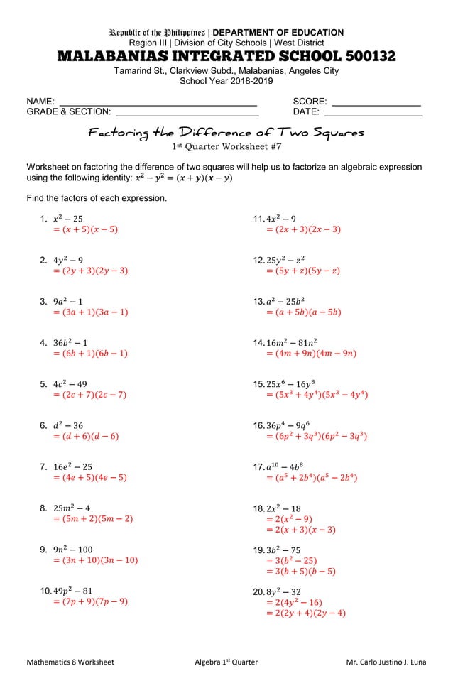 Factoring the Difference of Two Squares Worksheet | PDF