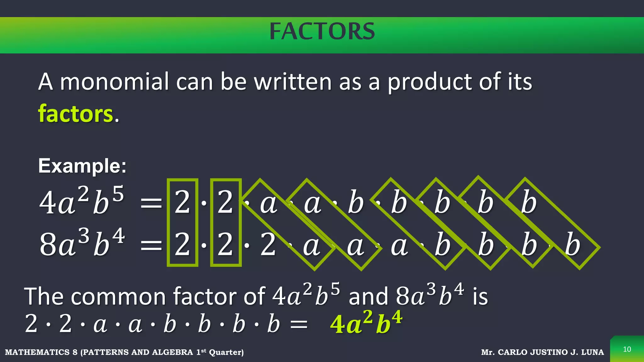 Factoring Techniques: Common Monomial Factor | PPSX